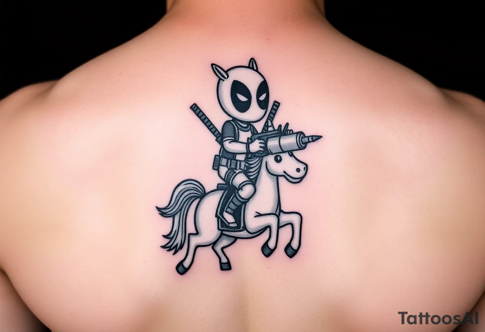 Deadpool riding cartoon unicorn holding rocket propelled grenade ...
