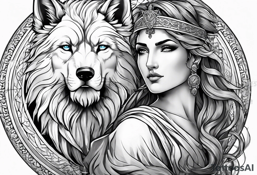 Greek god zeus, full sleeve, attractive female face with wolf headress ...