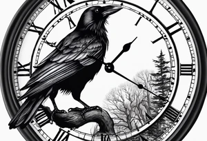 Crow looking back twisted neck inside a old clock with pointers and ...