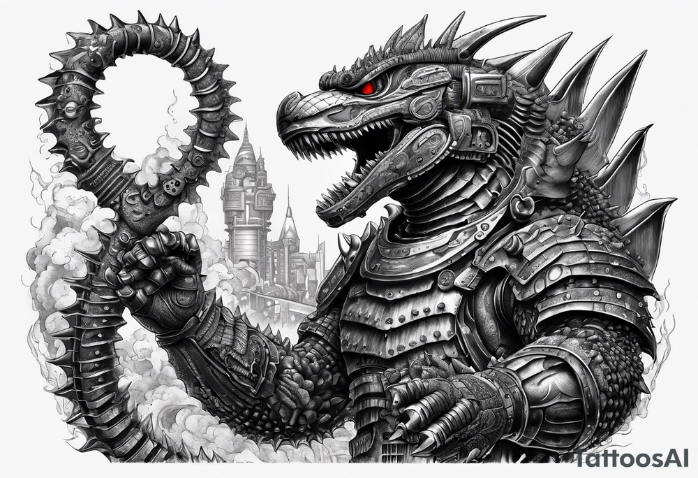 1974 mechagodzilla, full body, roaring tattoo idea | TattoosAI