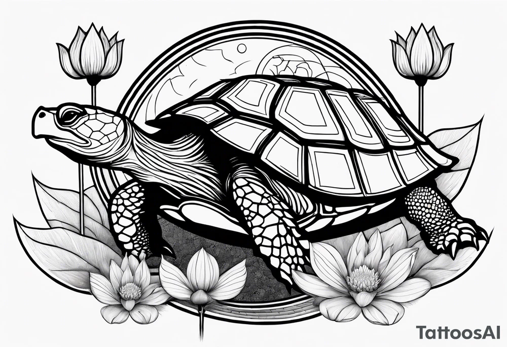 Turtle with lotus flower, moon and an arrow tattoo idea | TattoosAI