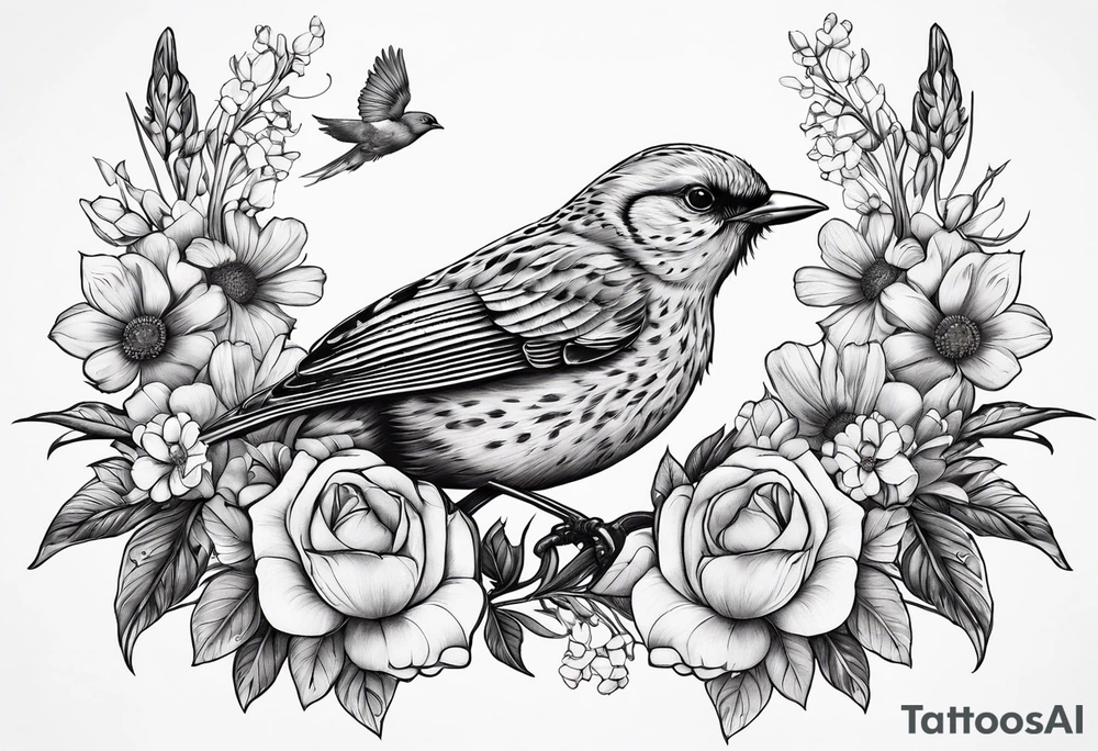 Robbin bird highly detailed and surrounded by flowers tattoo idea ...