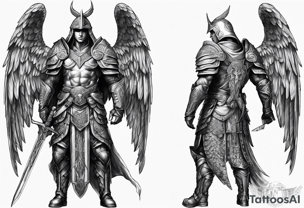 Arch angel hood fighting sword male full body heavenly armor tattoo ...