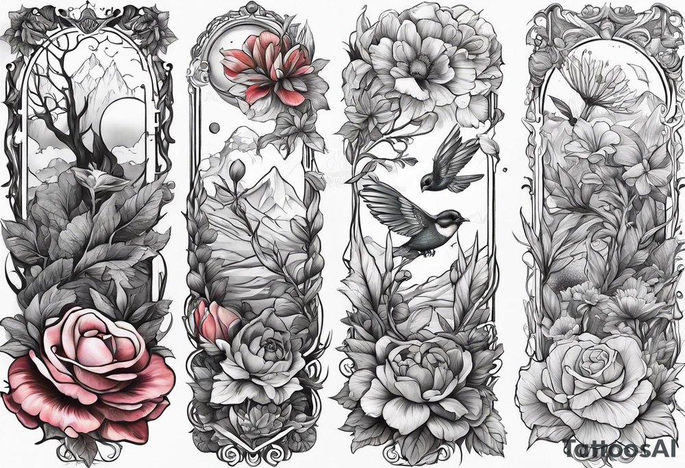 Full sleeve nature with birth months April and December tattoo idea ...