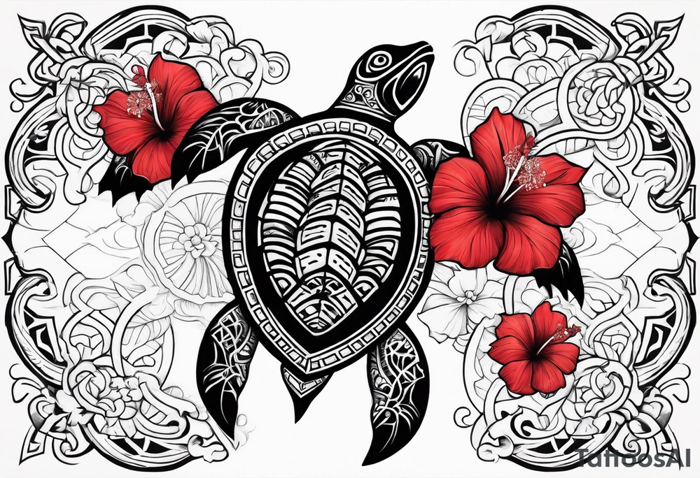 Black Polynesian turtle with red hibiscus flower in the middle of ...