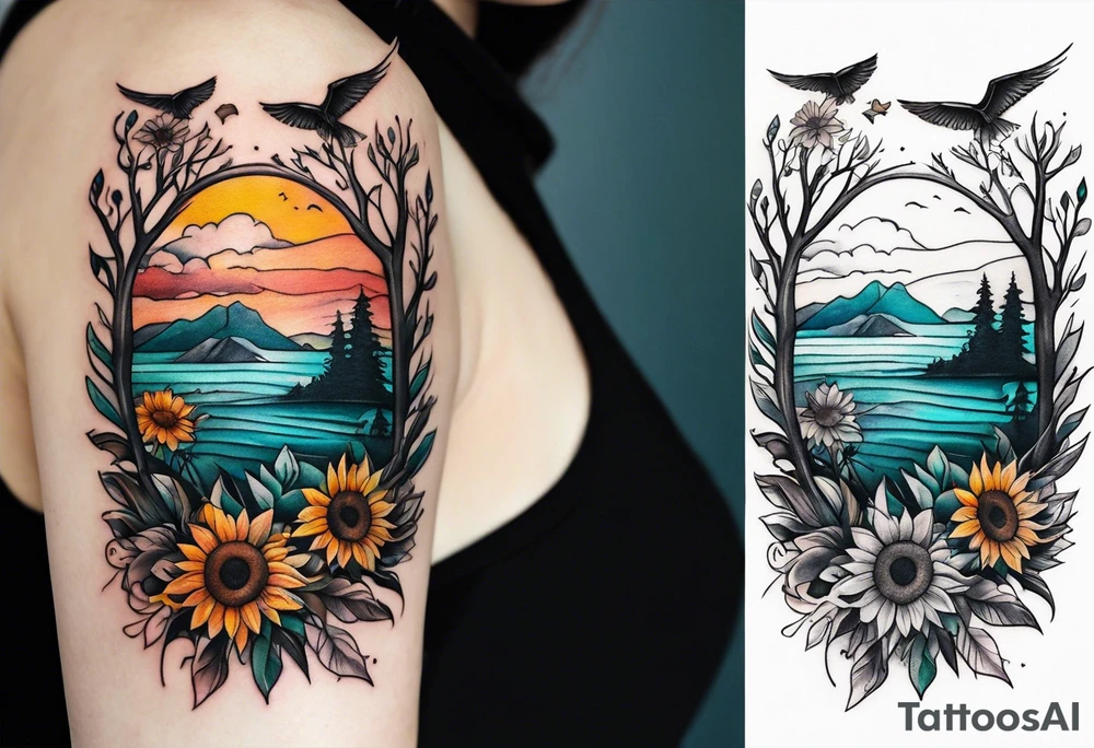 Small inside arm tattoo. Black kite (Daya's name), nature (trees/sea ...