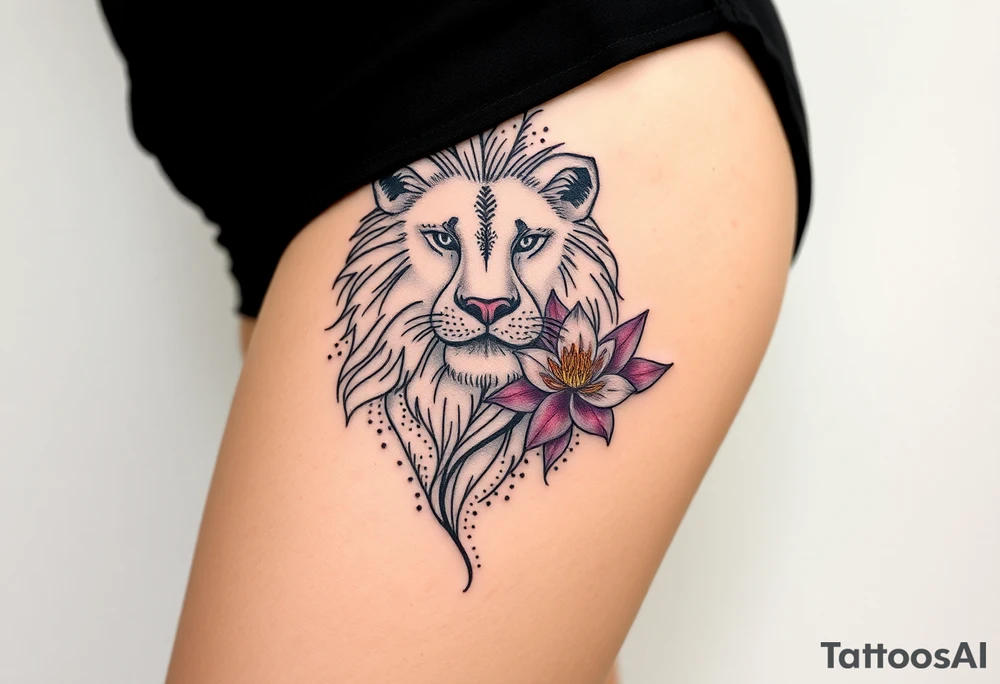Lion with larkspur and water lilies tattoo idea | TattoosAI