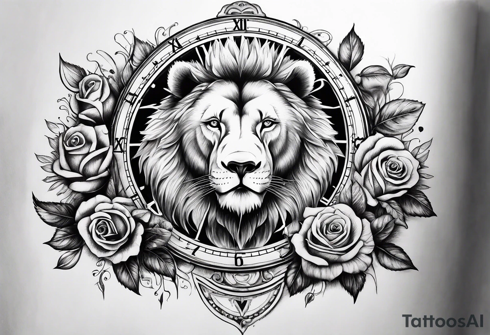 Rose clock bear lion tattoo idea | TattoosAI