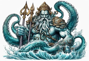 Octopus monster grabbing Poseidon with his trident tattoo idea | TattoosAI
