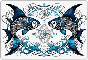 A 1/2 sleeve with 2 pisces fish one black one blue incorporate sigils ...