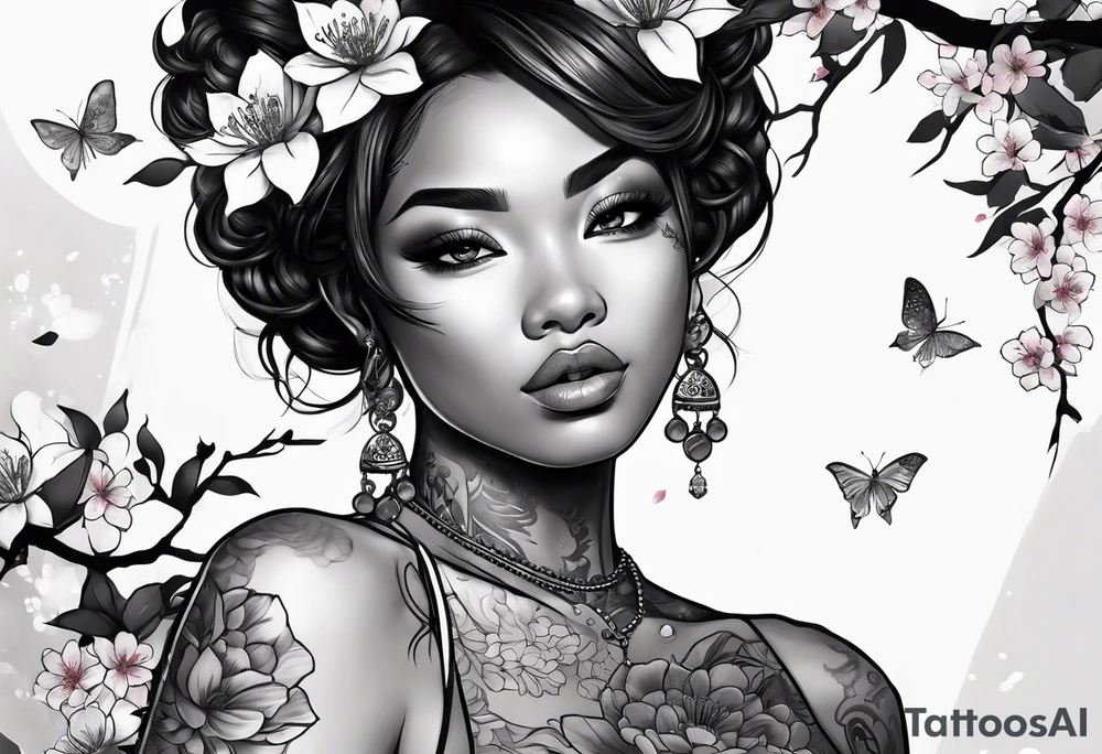 Black Female with name Nisha and sakura blossoms around her tattoo idea ...
