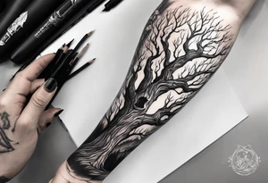 Elongated dead tree arm sleeve tattoo tattoo idea | TattoosAI