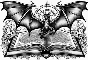 An empty open book with a sword through it, dragonwings and sparks ...