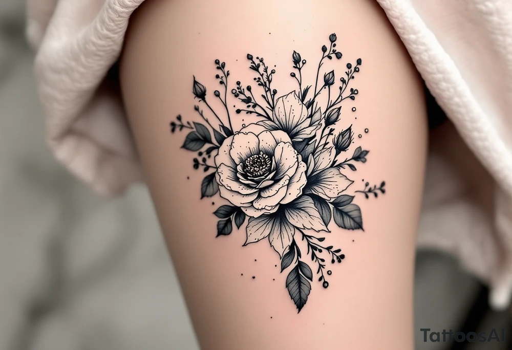Vintage bouquet of wild roses and meadow flowers with morning dew tattoo idea | TattoosAI