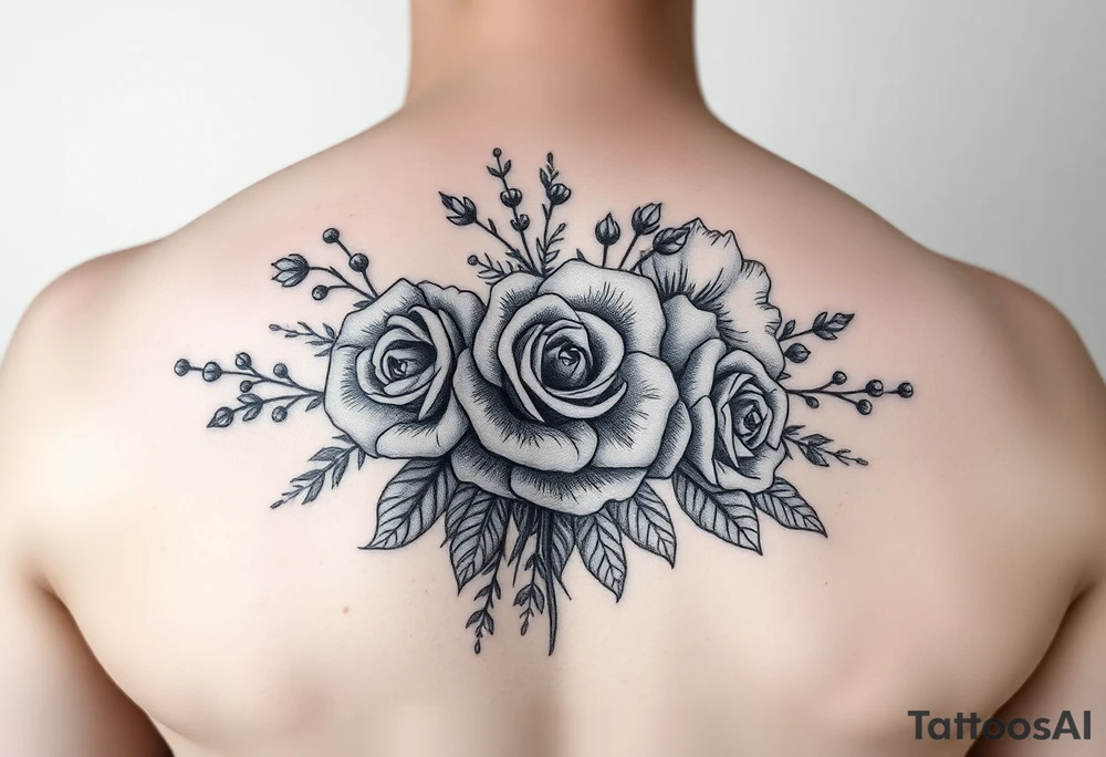 Vintage bouquet of wild roses and meadow flowers with morning dew tattoo idea | TattoosAI