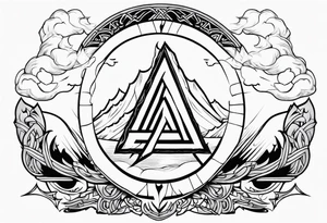 Valhalla shield valknut sword axe flames clouds tattoo idea | TattoosAI