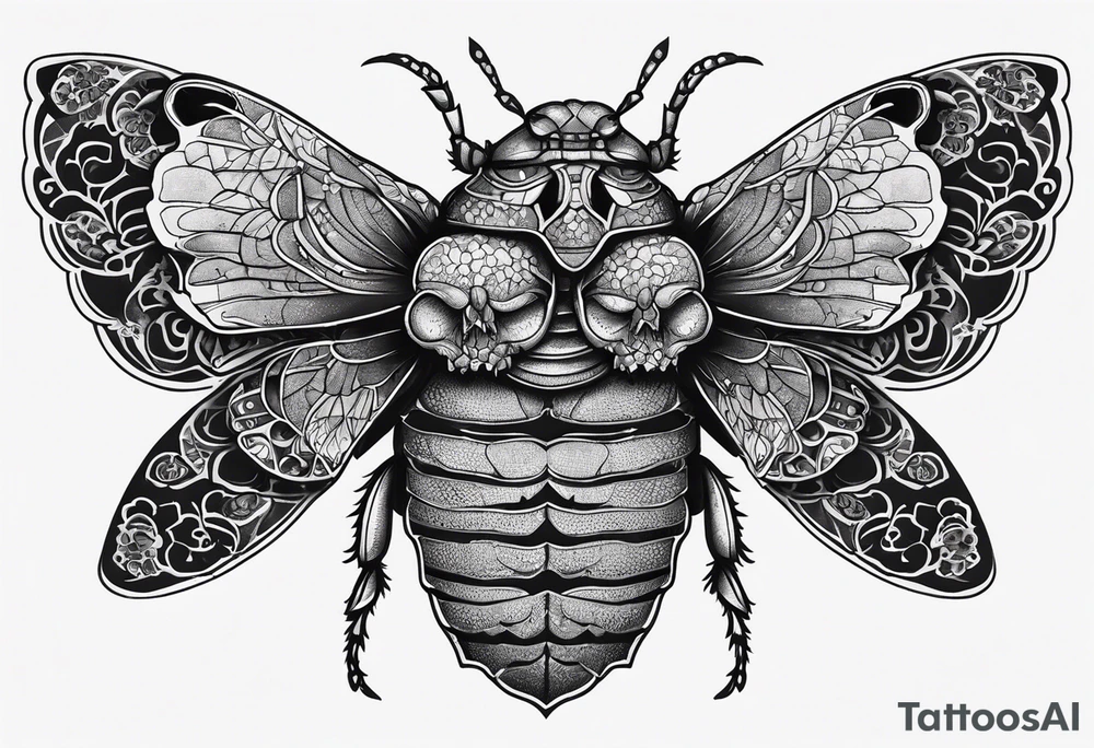 Cicada stippled and shaded with human skulls on top and bottom tattoo ...