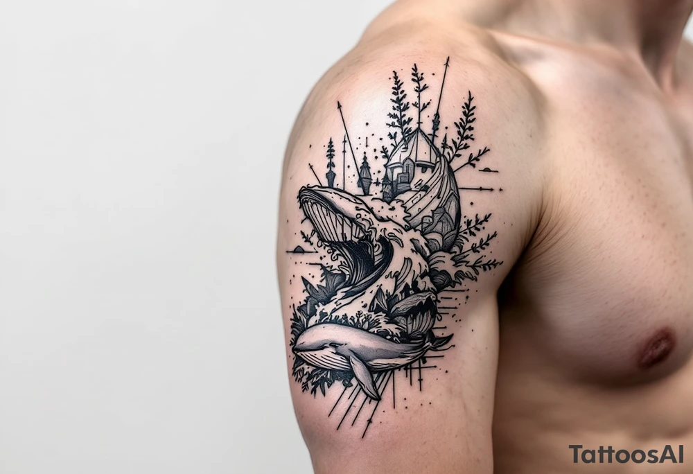 Fine line powerful ocean half sleeve with a wave, a whale and other ...
