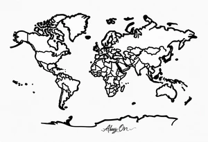 A hand drawn line map of the world, featuring a compass design of n, s ...