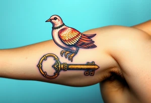 A collared dove perched on a vintage key, with the dove in soft browns ...