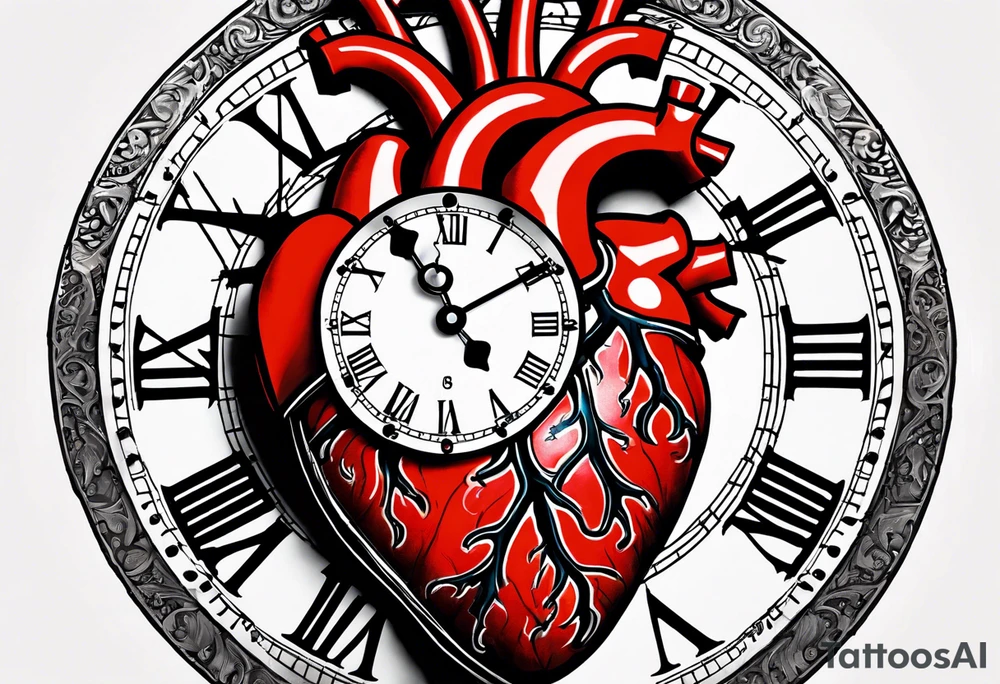 Anatomical heart with clock in middle. Clock hands on 8 and 5. Never ...
