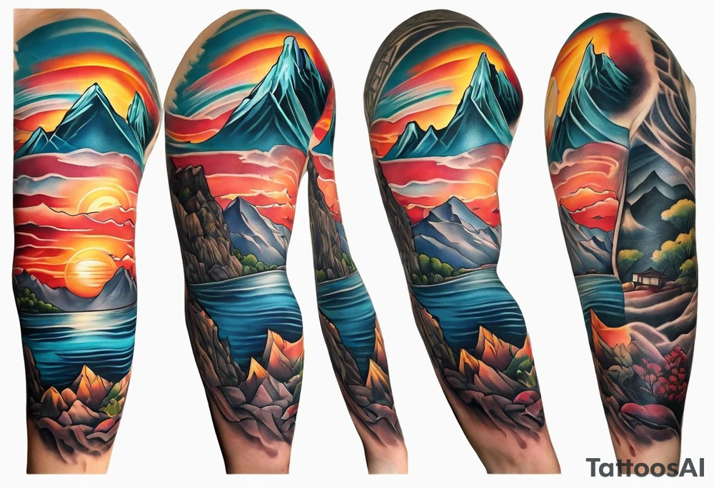 Full sleeve, mountains, river, and waterfall tattoo idea | TattoosAI