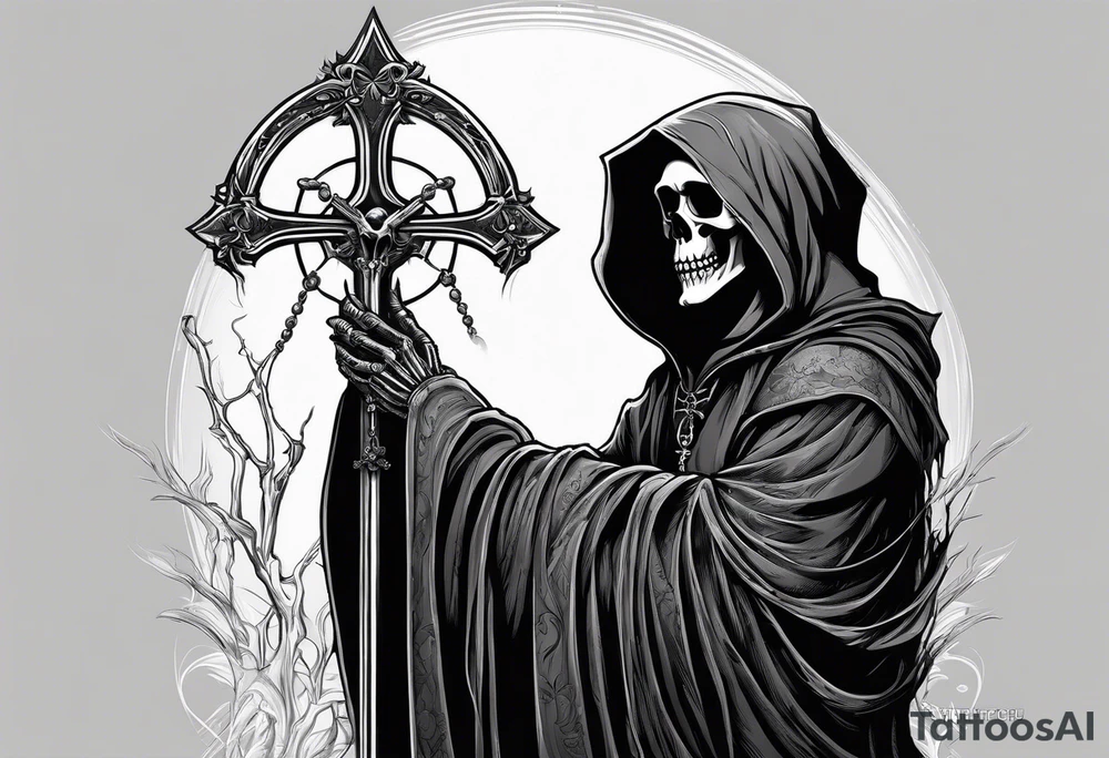 The grim reaper standing from a side profile praying with a rosary ...