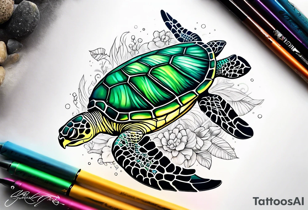 Green sea turtle tattoo idea | TattoosAI