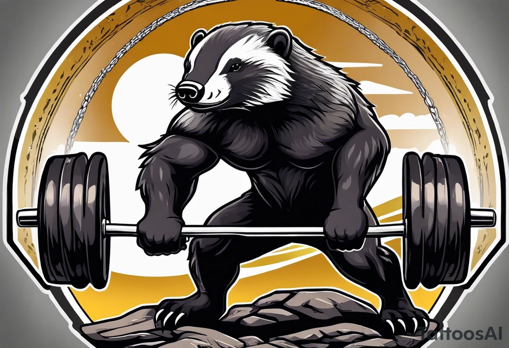 Muscular old honey badger lifting barbell. tattoo idea | TattoosAI