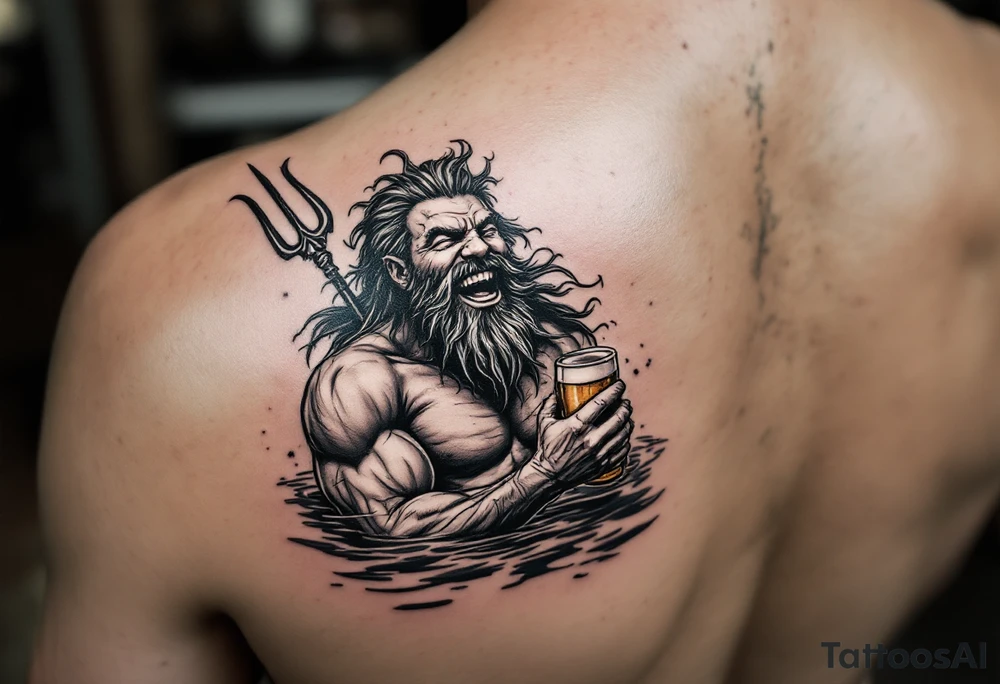 Laughing poseidon in calm water, holding a trident, holding a beer ...