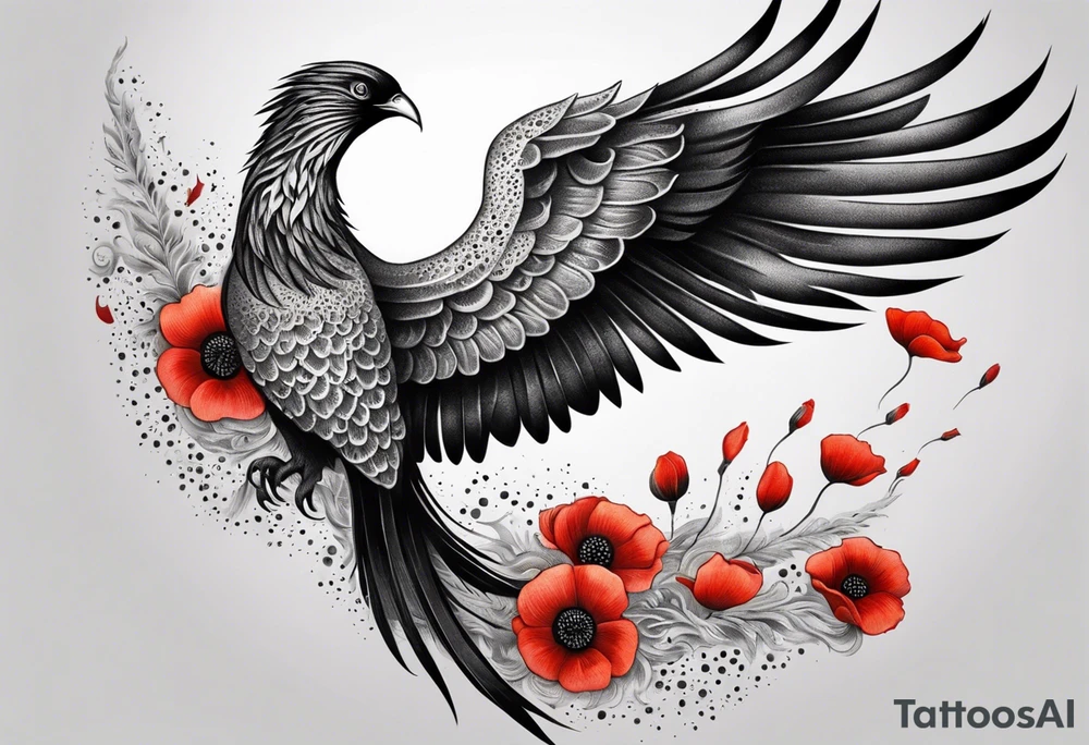 Elongated phoenix in flight in profile long tail with claws holding ...