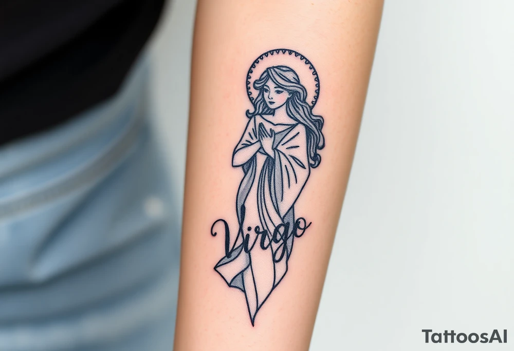 A celestial woman with glowing silver robe on her skin with word virgo ...