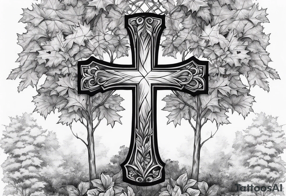 A cross and a maple tree tattoo idea | TattoosAI