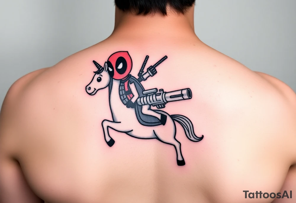 Deadpool riding cartoon unicorn holding rocket propelled grenade ...