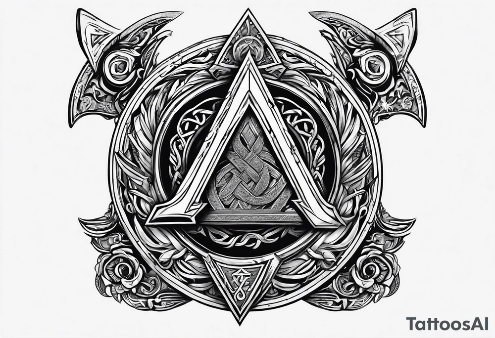 Valhalla sword shield axe Valknut tattoo idea | TattoosAI