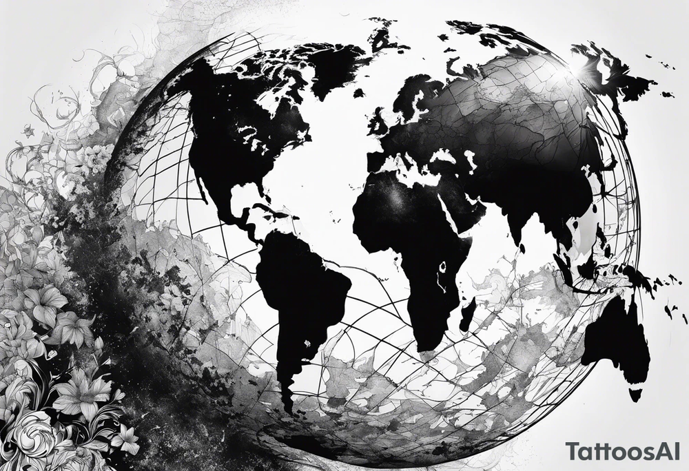 Globe shattering with world map tattoo idea | TattoosAI