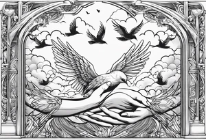 Angel baby hand reaching out to hands from clouds with birds flying to ...
