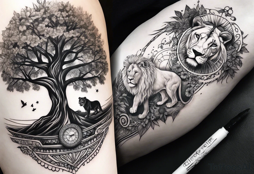 Tree of life arm tattoo into woman and lion tattoo idea | TattoosAI