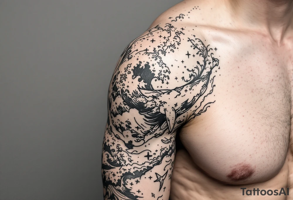 Fine line powerful ocean half sleeve with a wave, a whale and other ...