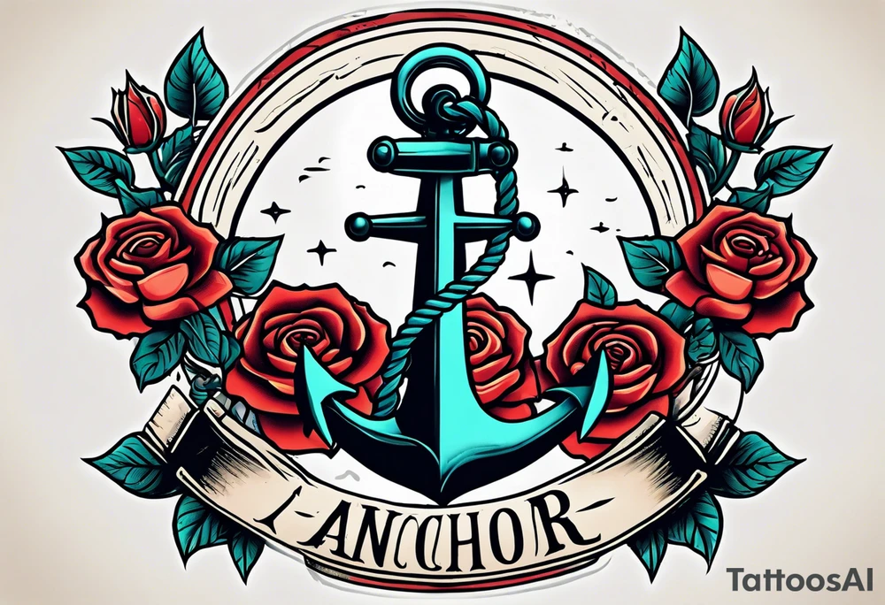Old school anchor sitting at an angle with rope and banner across anchor and old school roses