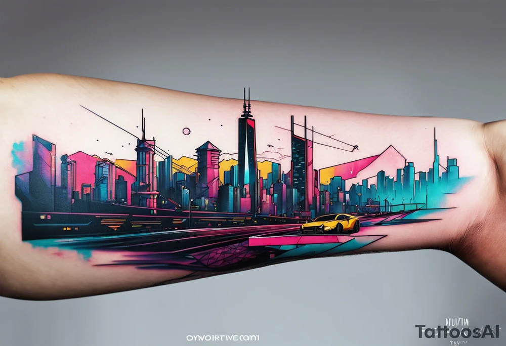 Cyberpunk 2077, forearm tattoo, geometric, subtle, men, city skyline ...
