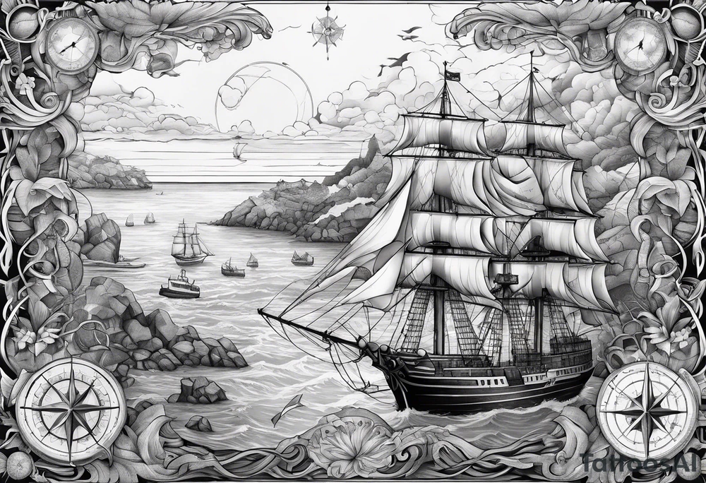 Nautical map with oceanography for an arm sleeve tattoo idea | TattoosAI