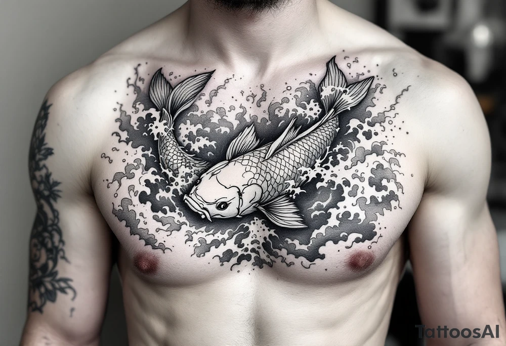Traditional koi fish swimming upstream through turbulent waves tattoo ...