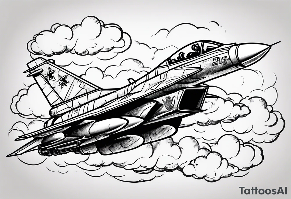 Fighter jet in the clouds with the date 09 07 2023 tattoo idea | TattoosAI