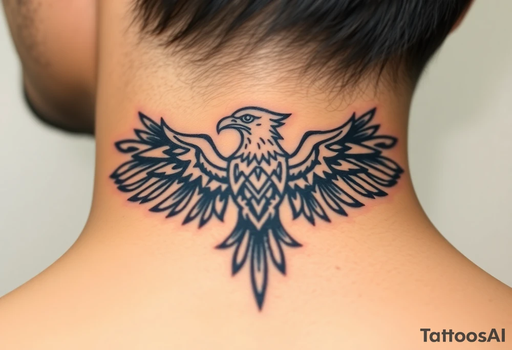 A tribal eagle in black ink with geometric patterns, seamlessly ...