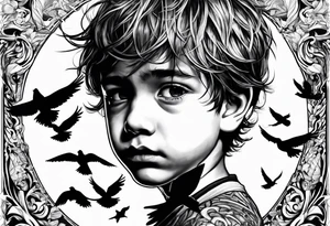 Boy crying, being attached by birds tattoo idea | TattoosAI