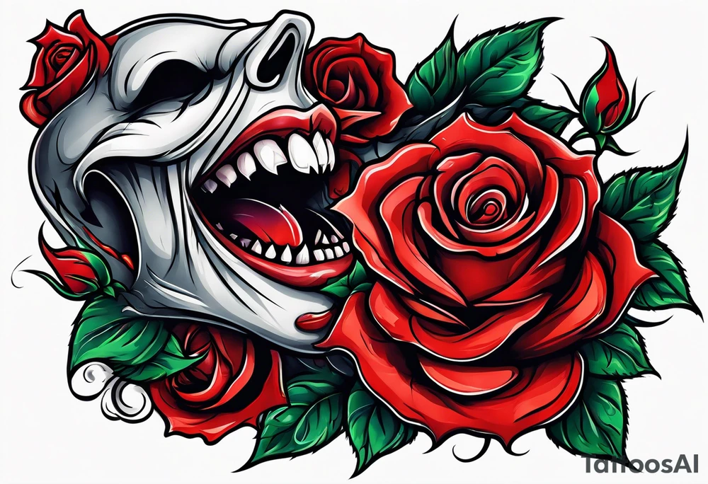 Sexy vampire mouth biting rose tattoo idea | TattoosAI
