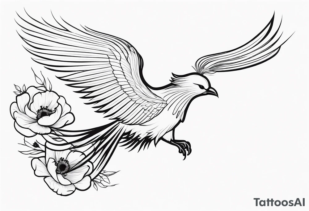 Outline of phoenix in flight in profile long tail with claws holding ...