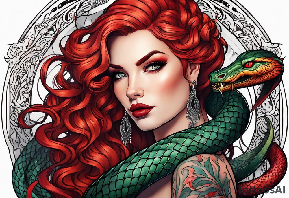 Lilith with red hair and serpent tattoo idea | TattoosAI