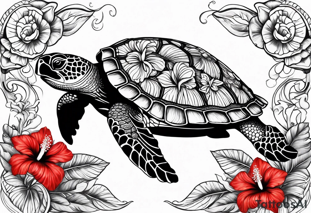 Black Polynesian turtle with red hibiscus flower in the middle of ...